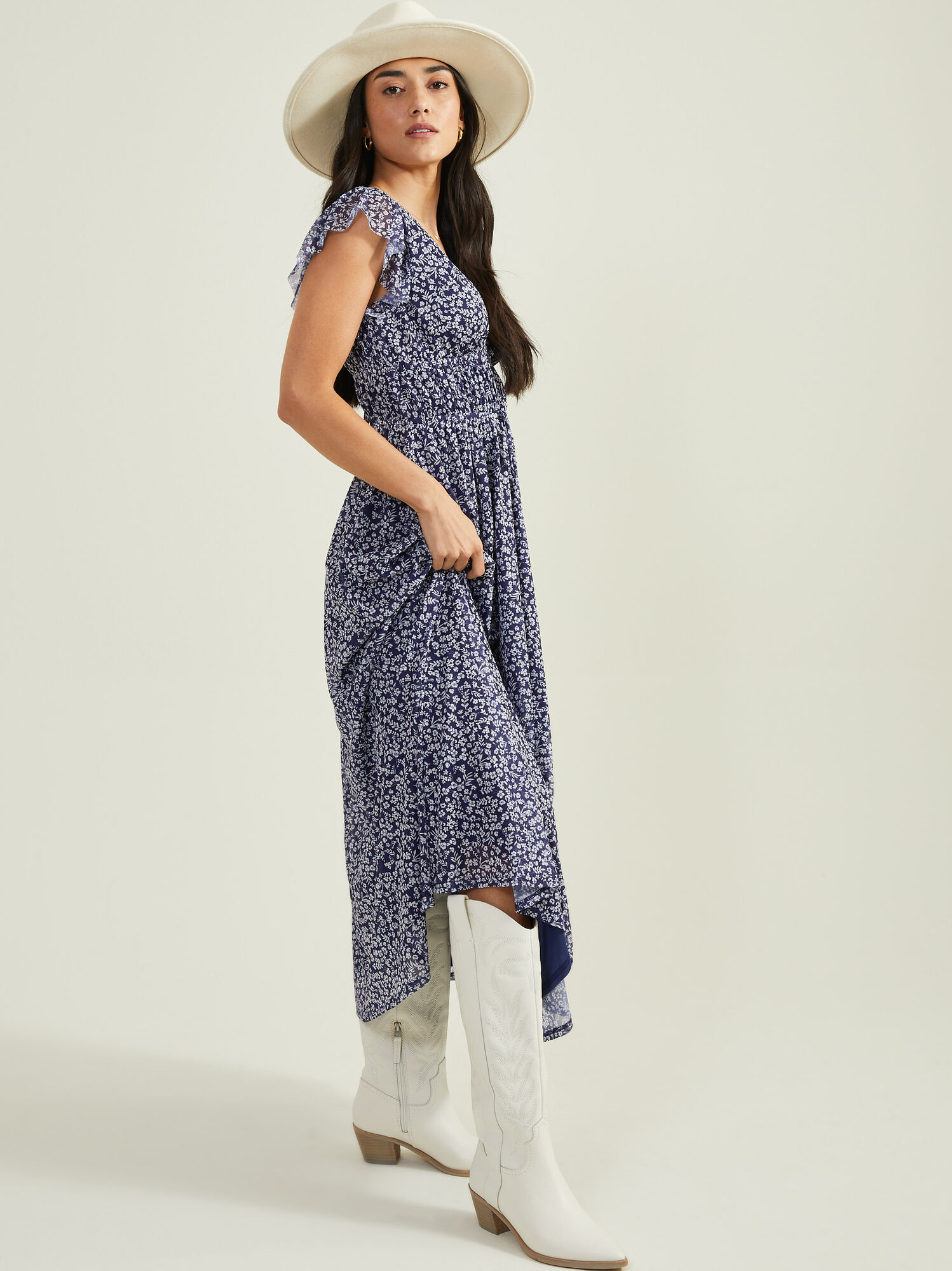 Alejandra Mesh Maxi Dress in Navy & White | Altar'd State