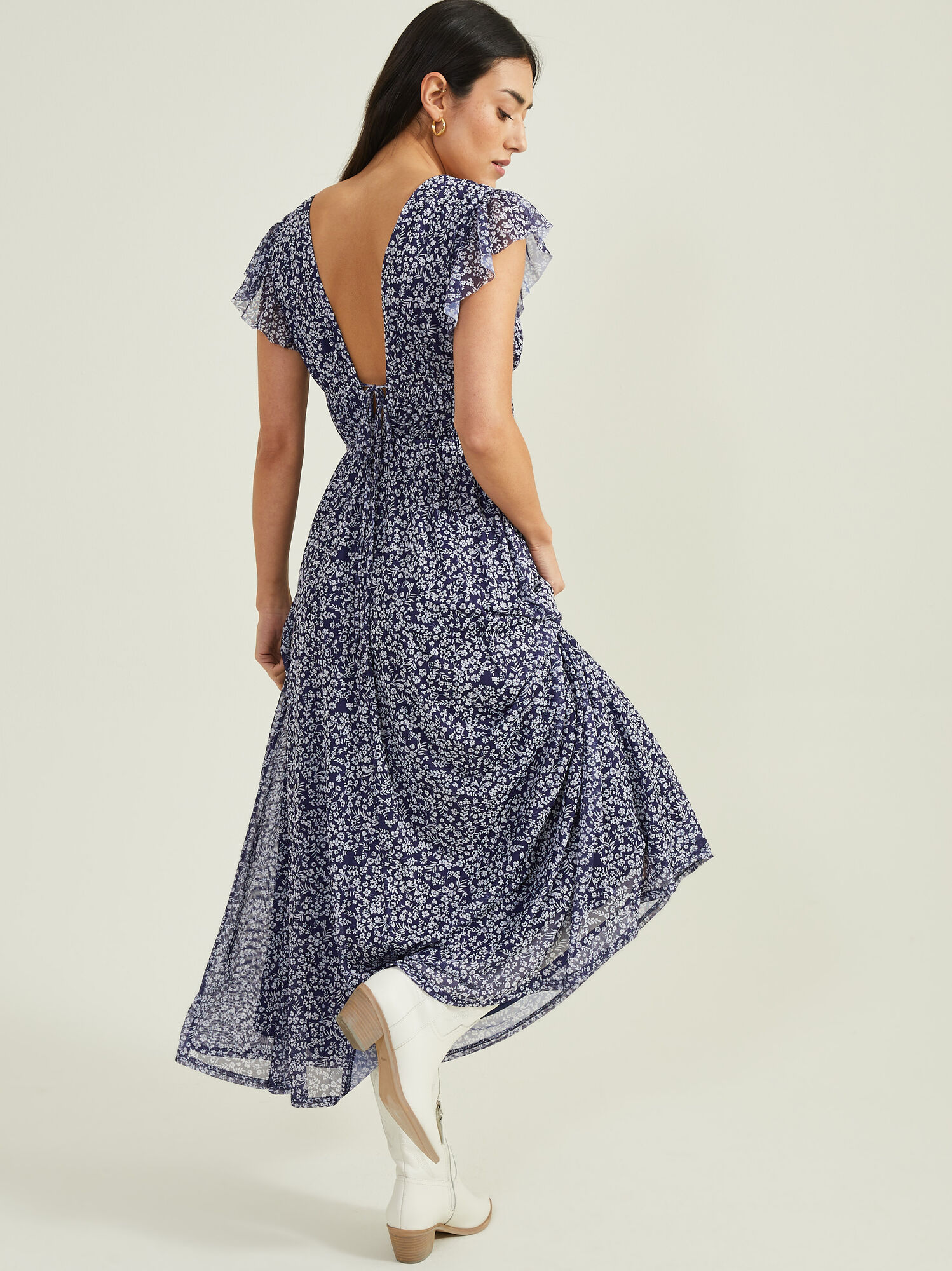 Alejandra Mesh Maxi Dress in Navy & White | Altar'd State