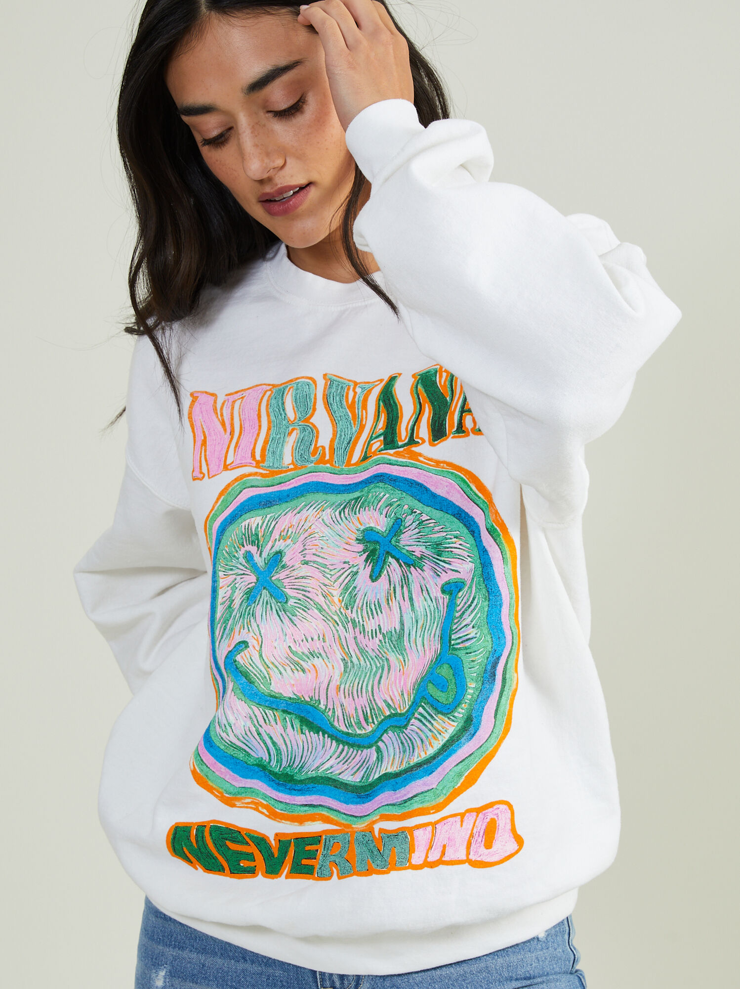 Nirvana Nevermind Oversized Sweatshirt in White | Altar'd State