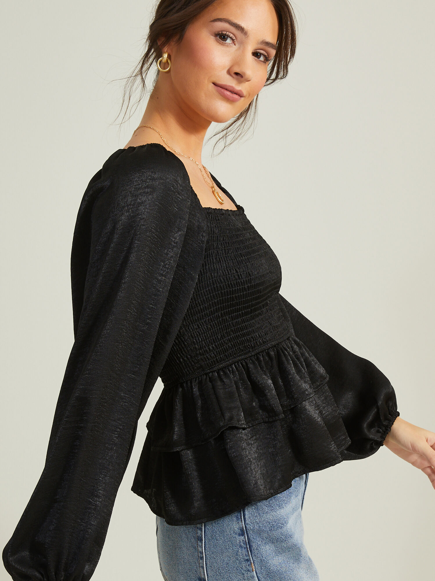 Kara Satin Babydoll Top in Black | Altar'd State